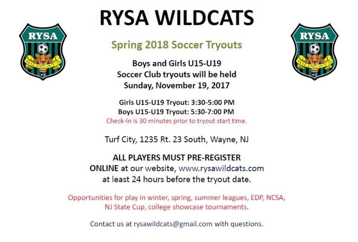 RYSA Wildcats High School age soccer tryouts - 11/19 - Oakland, NJ Patch