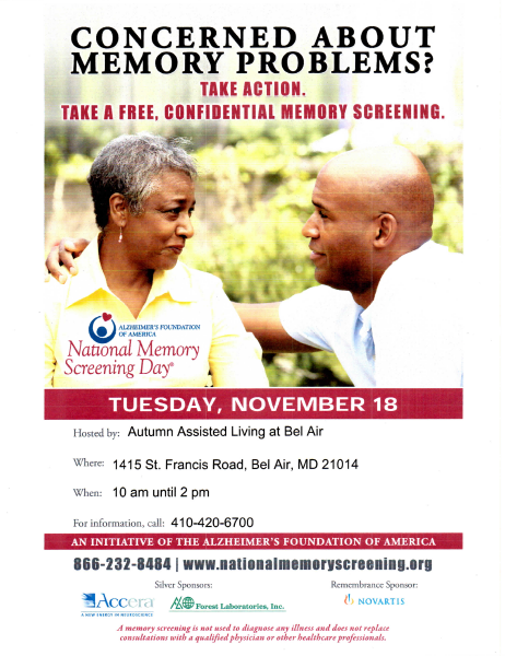 NATIONAL MEMORY SCREENING DAY IN NOVEMBER 18TH | Bel Air, MD Patch