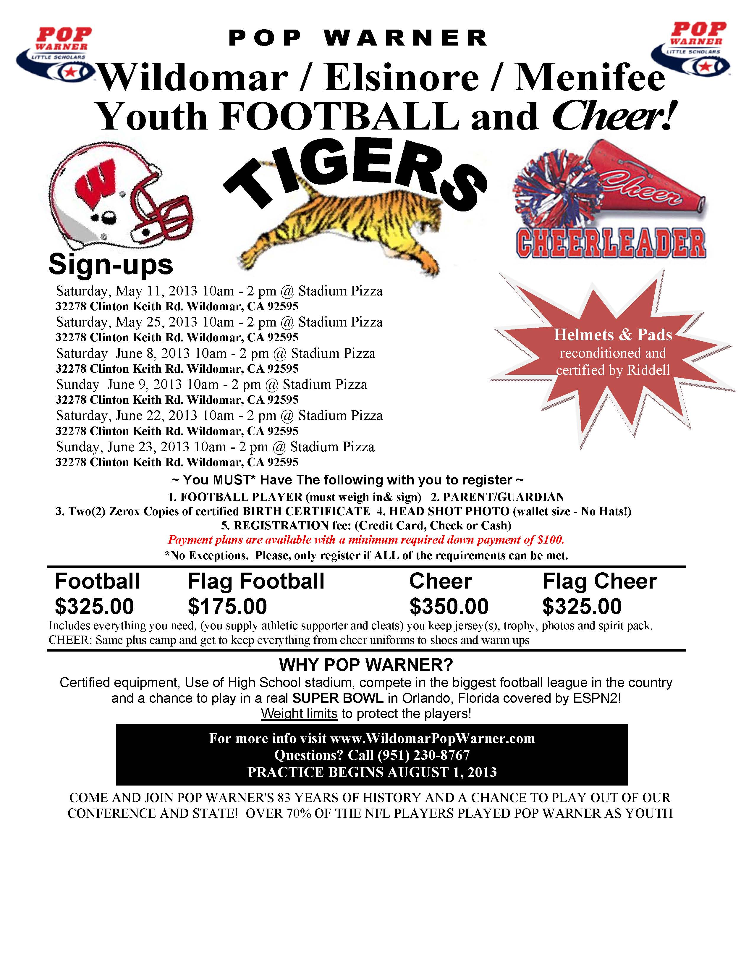 Pop Warner Football and Cheer signups! | Lake Elsinore, CA Patch