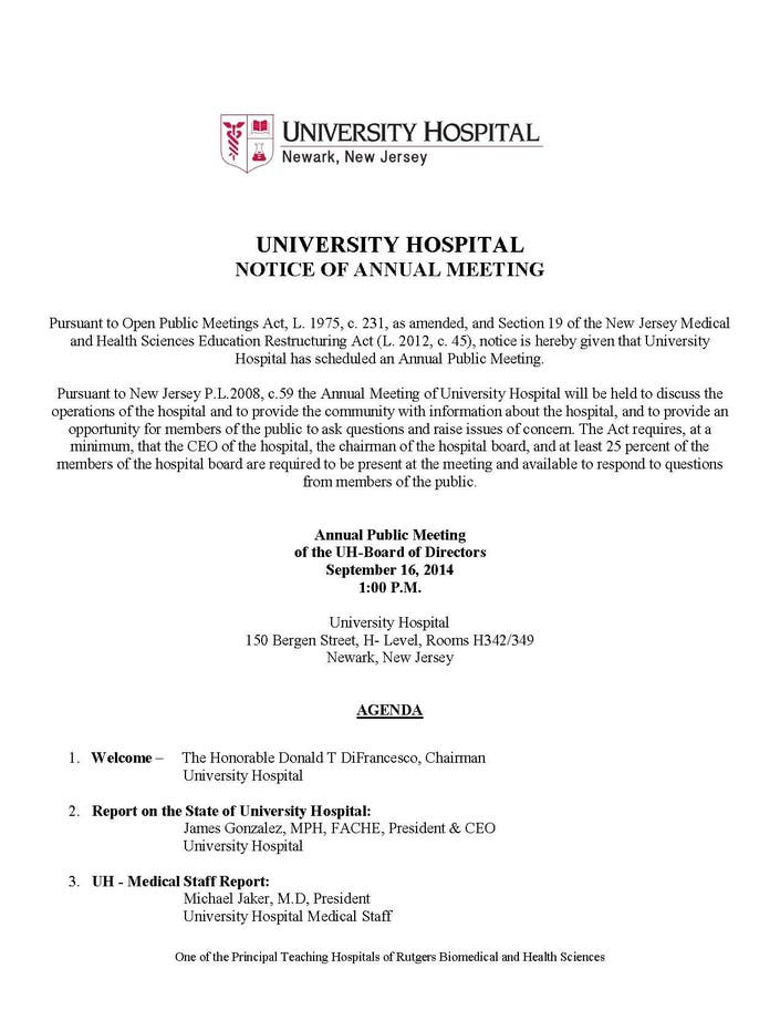University Hospital Notice of Annual Public Meeting | Newark, NJ Patch