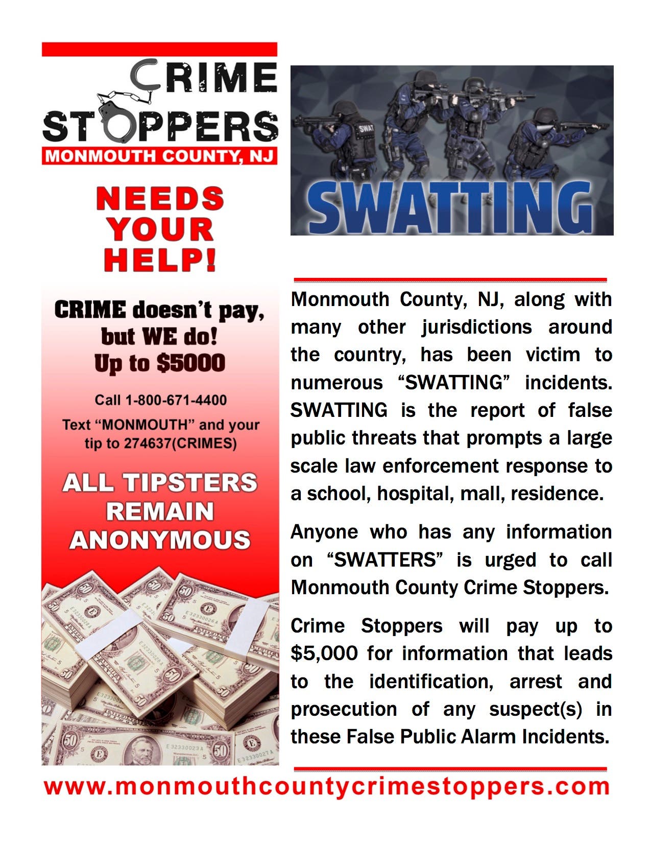 Crime Stoppers Offers Reward For Swatting Information | Middletown, NJ ...