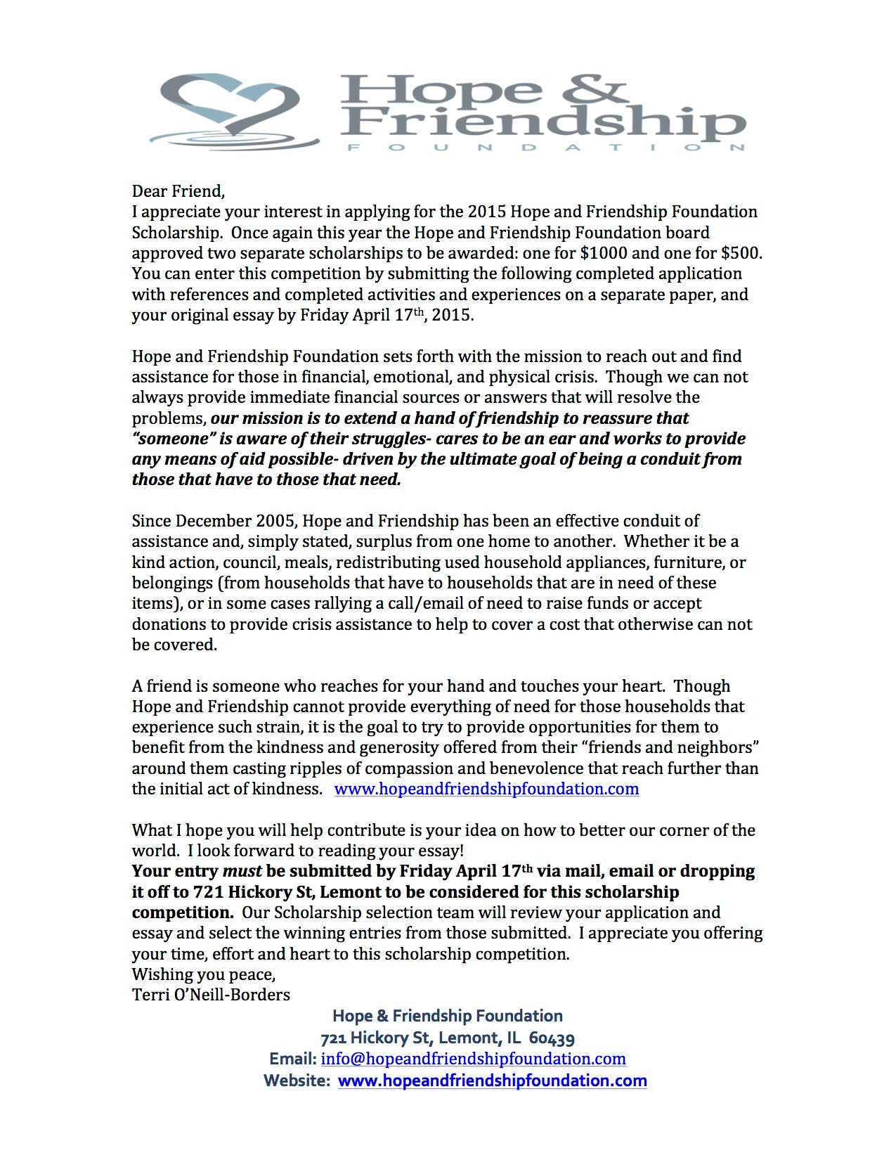Hope and Friendship Foundation to Again Offer Two Scholarships | Lemont ...