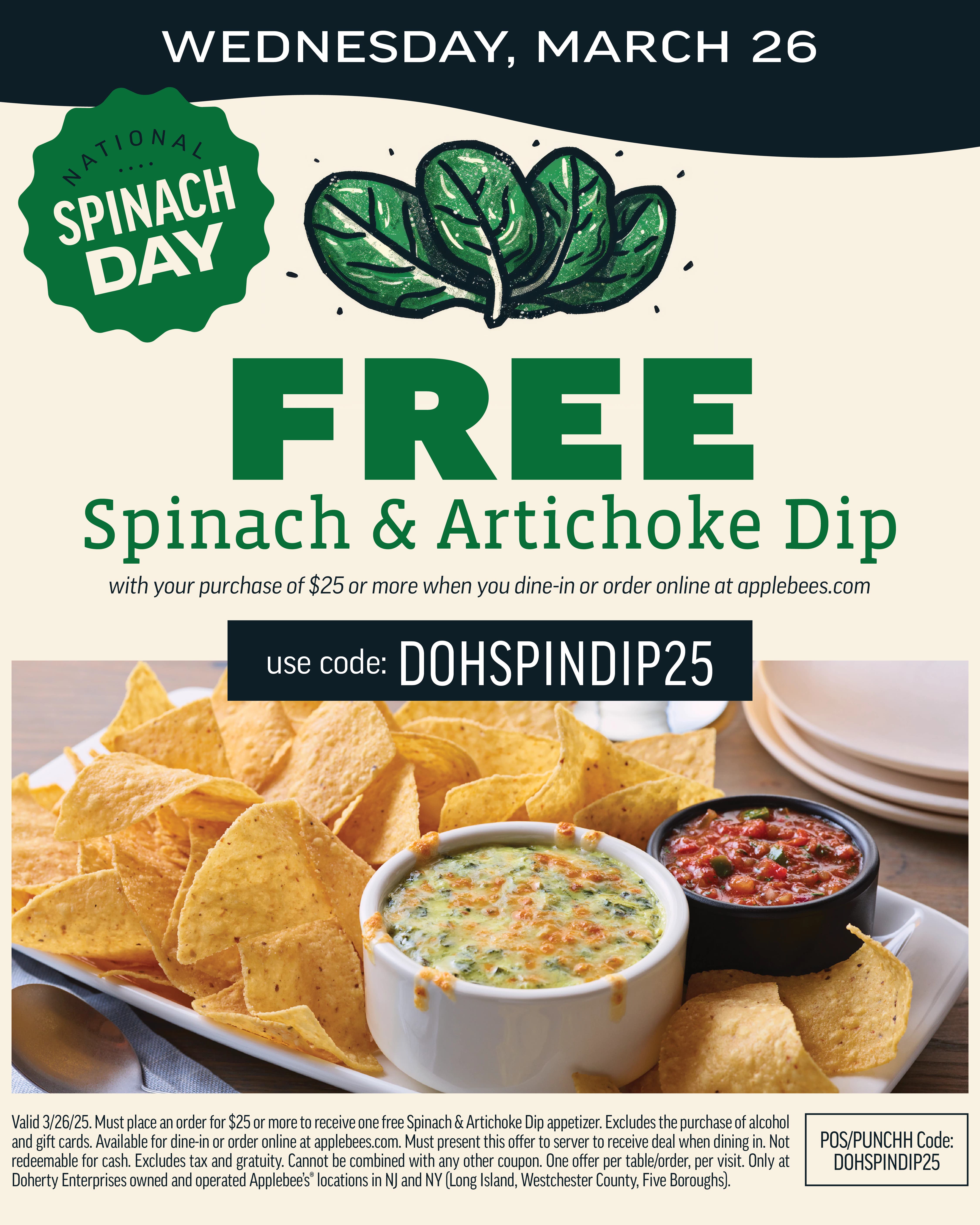 Mar 26 | National Spinach Day at Doherty-owned Applebee’s Staten Island ...