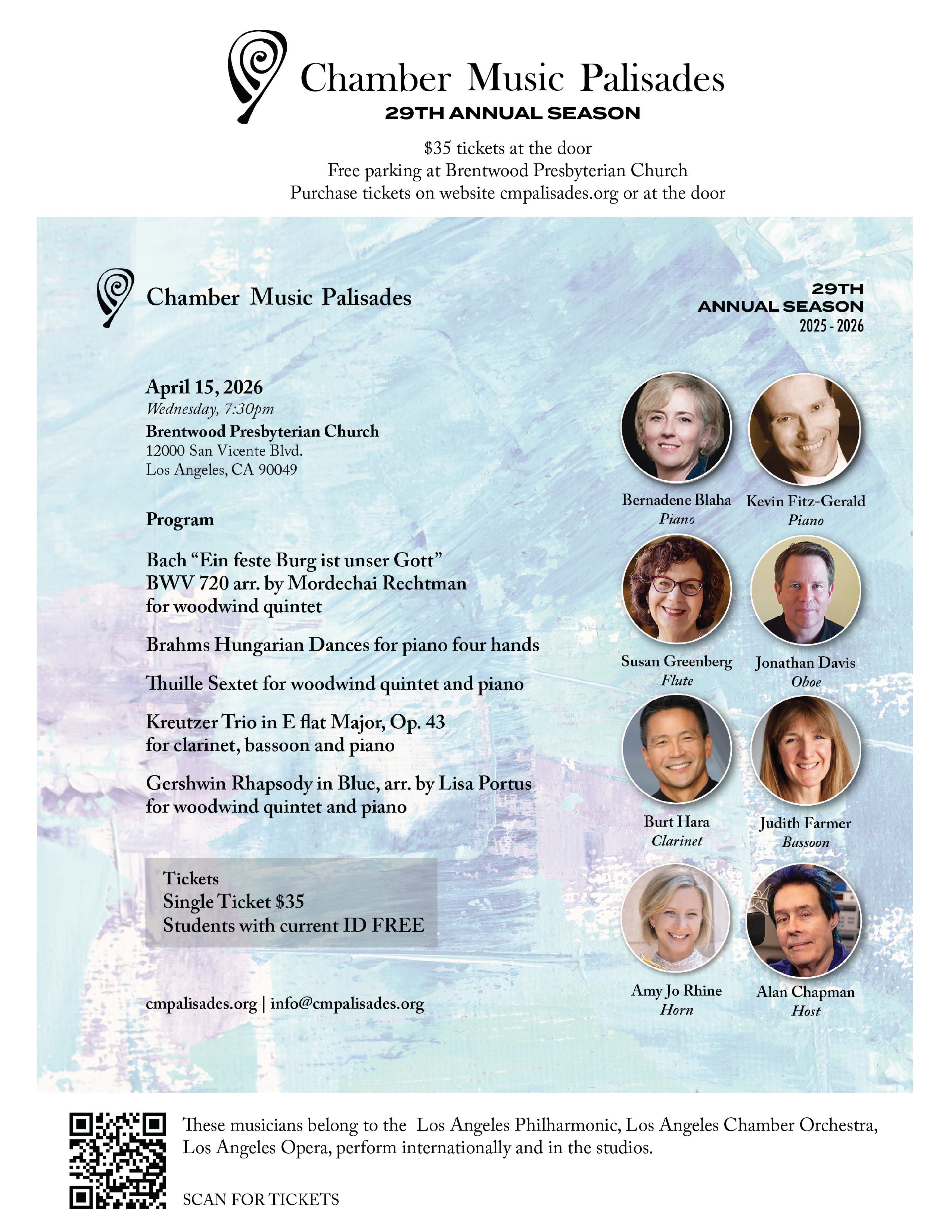 Apr 15 | Chamber Music Palisades concert - Woodwind quintet and 2 ...