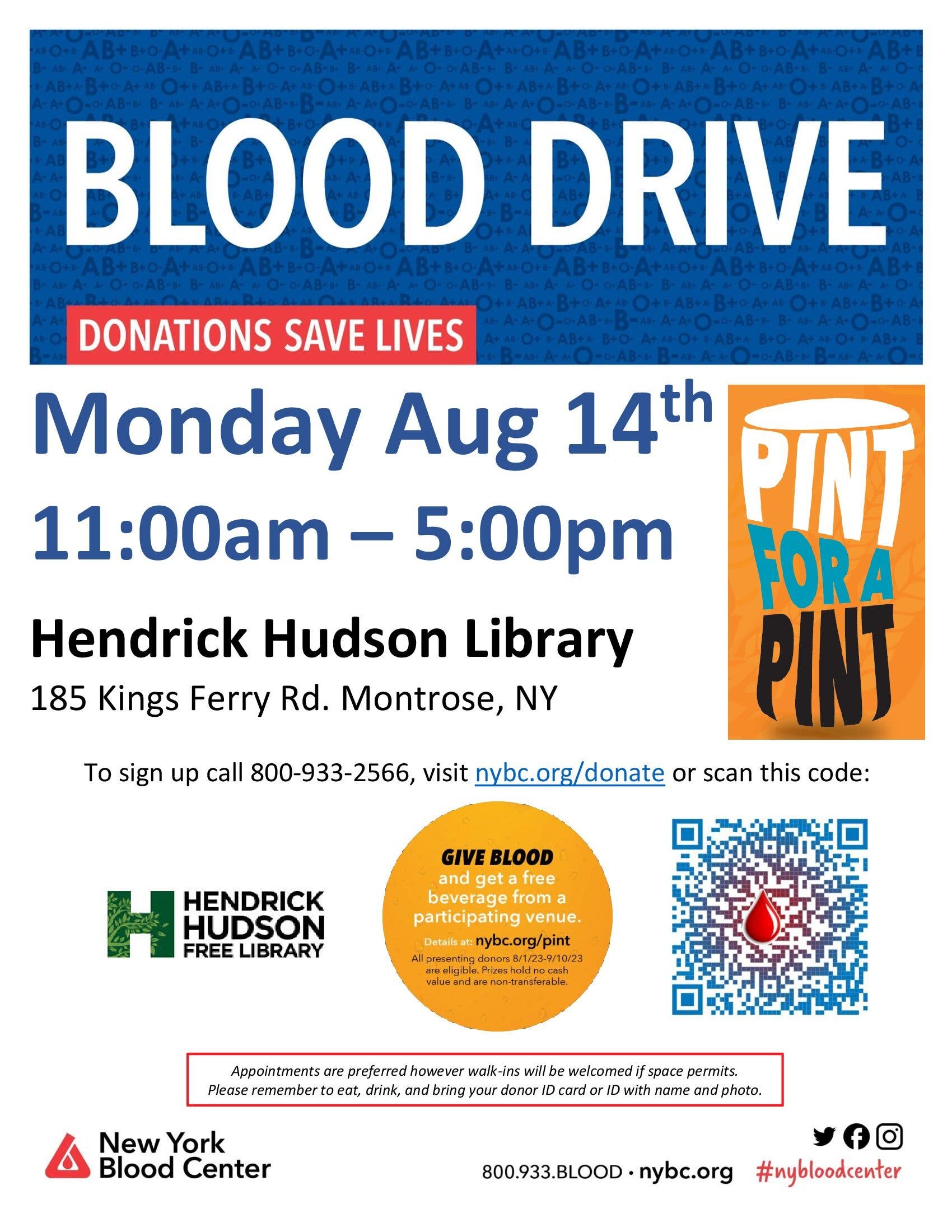 Aug 14 | Montrose Community Blood Drive - Pint for a Pint | Peekskill ...