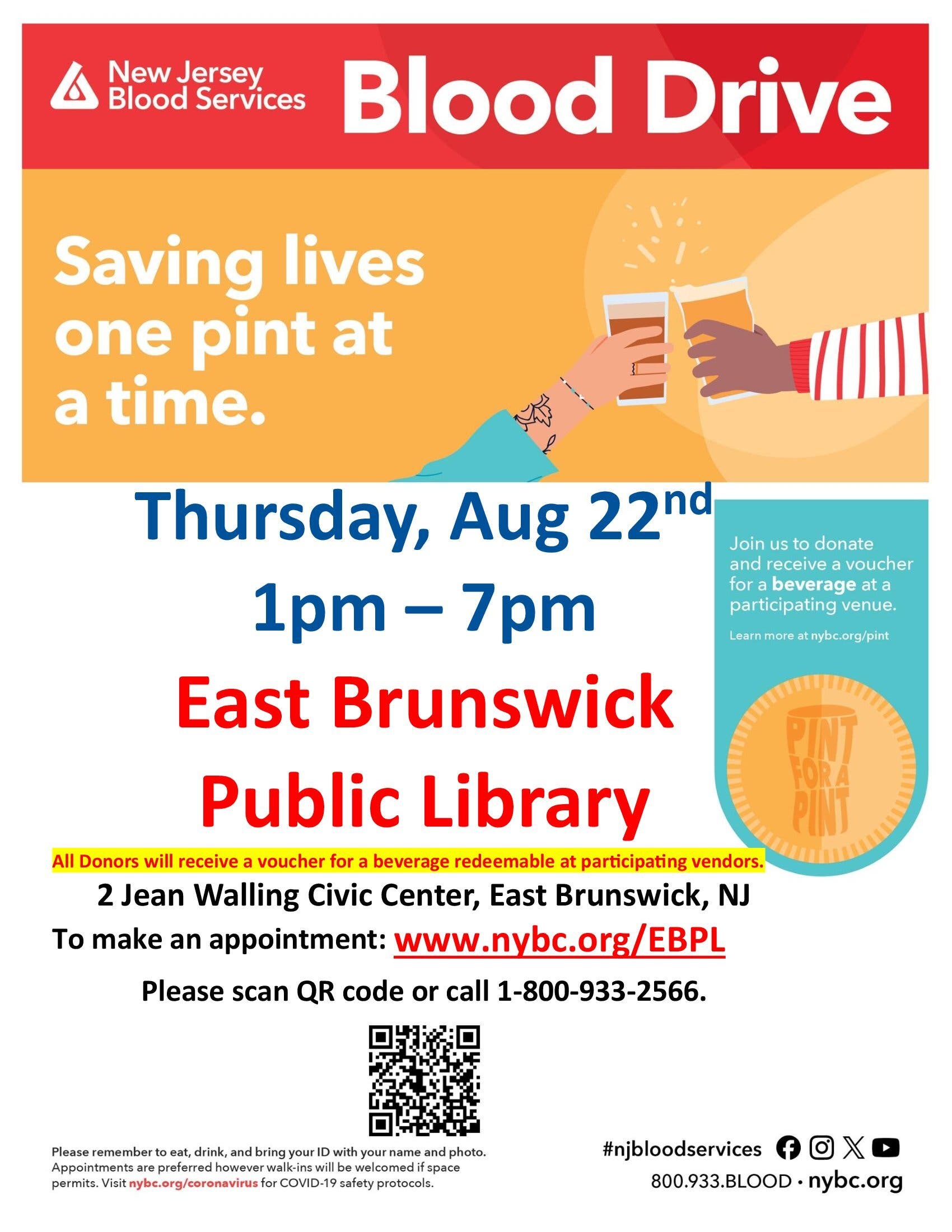 Aug 22 | East Brunswick Community Blood Drive - Pint for a Pint! | East ...