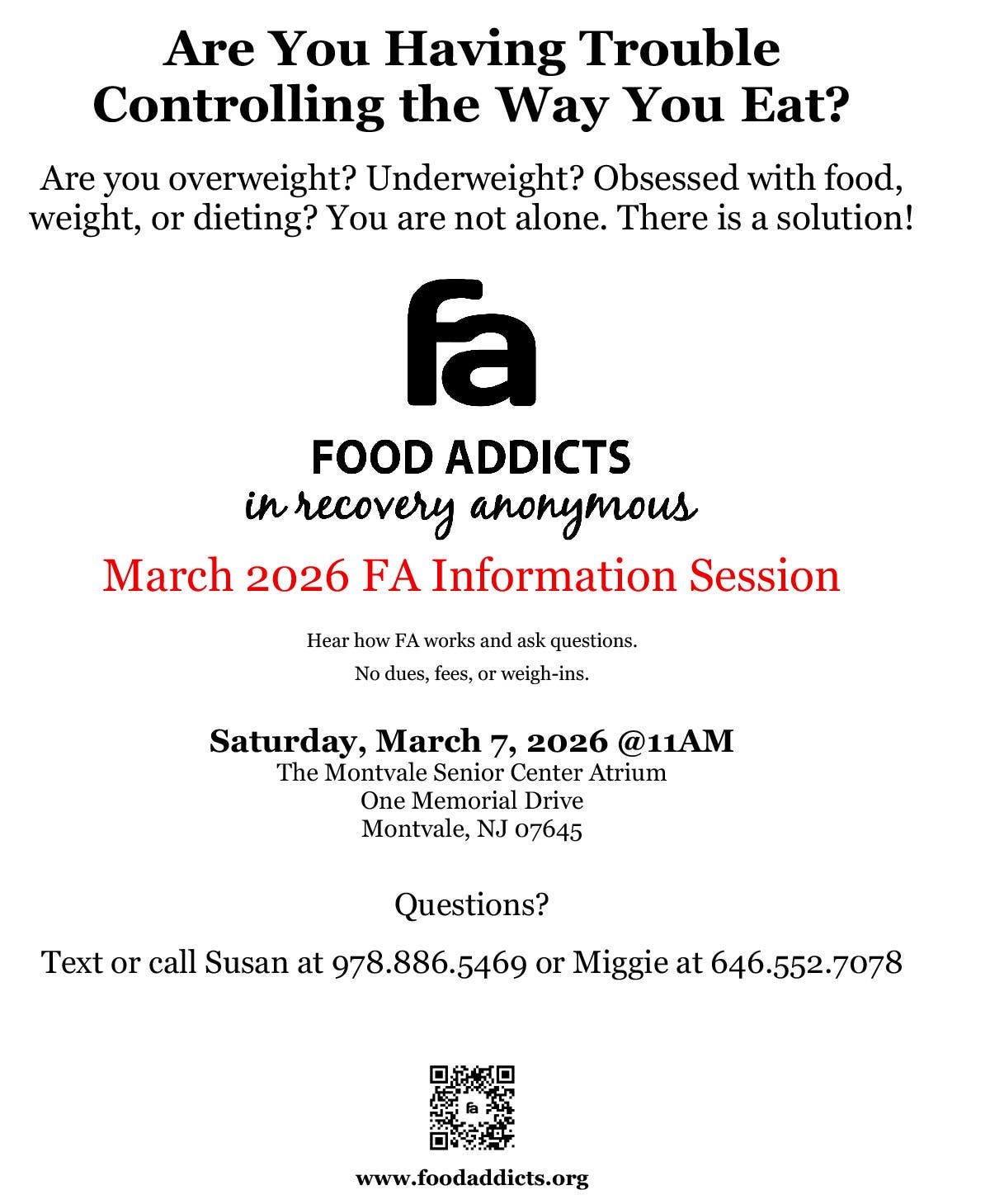 Mar 7 | Food Addicts In Recovery Anonymous (FA) | Westwood, NJ Patch
