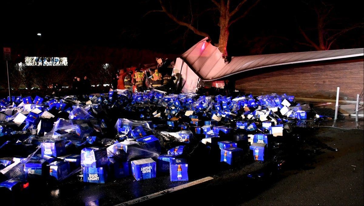 'Tipsy' Beer Truck Overturns; Road Fills With Thousands Of Smashed Bud ...