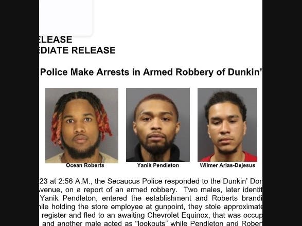 Trio Robbed Secaucus, Nutley Dunkin' Donuts With Gun, Police Charge ...