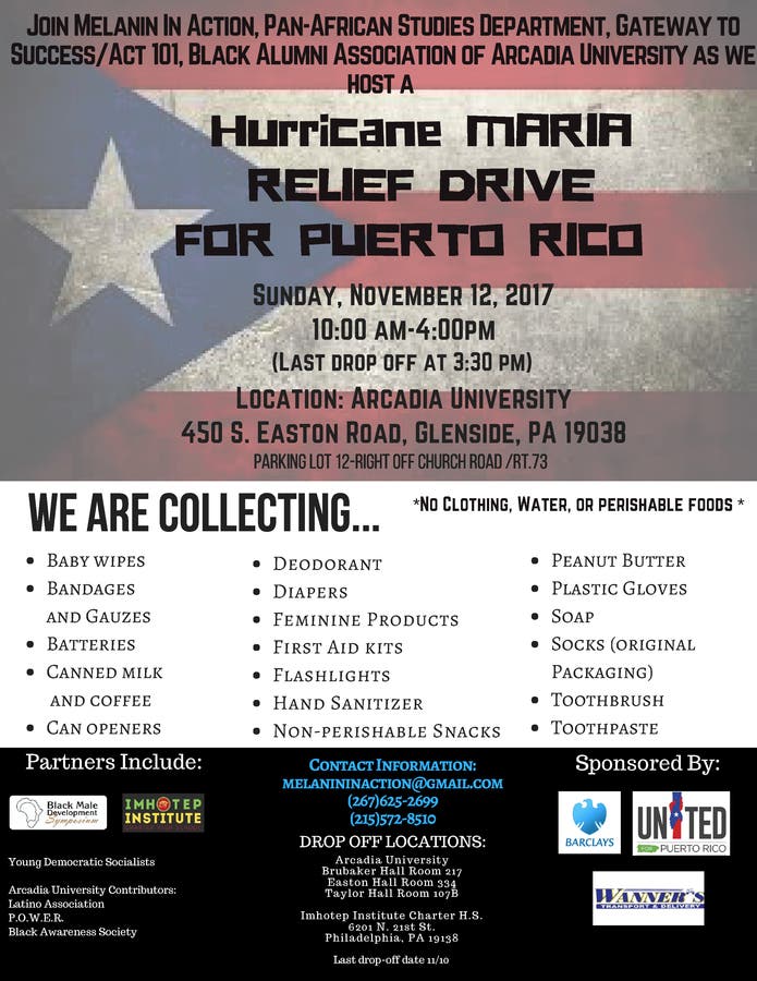 Hurricane Maria Relief Collection for Puerto Rico at Arcadia | Abington ...