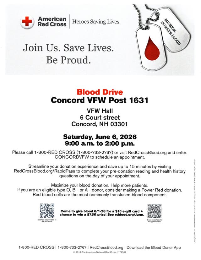 Jun 6 | Blood Drive Concord Vfw Post 1631 | Concord, NH Patch