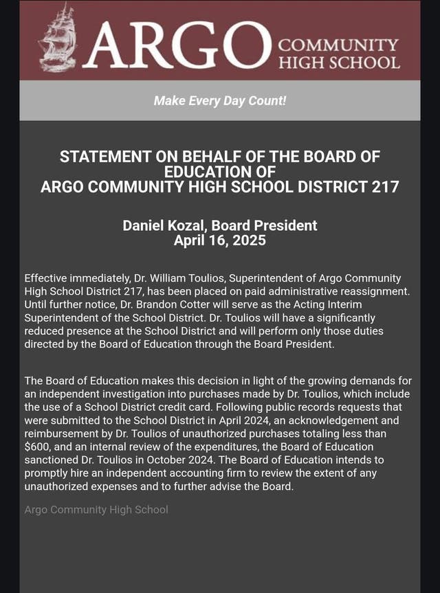 Argo Superintendent Put On Leave Over Spending | La Grange, IL Patch