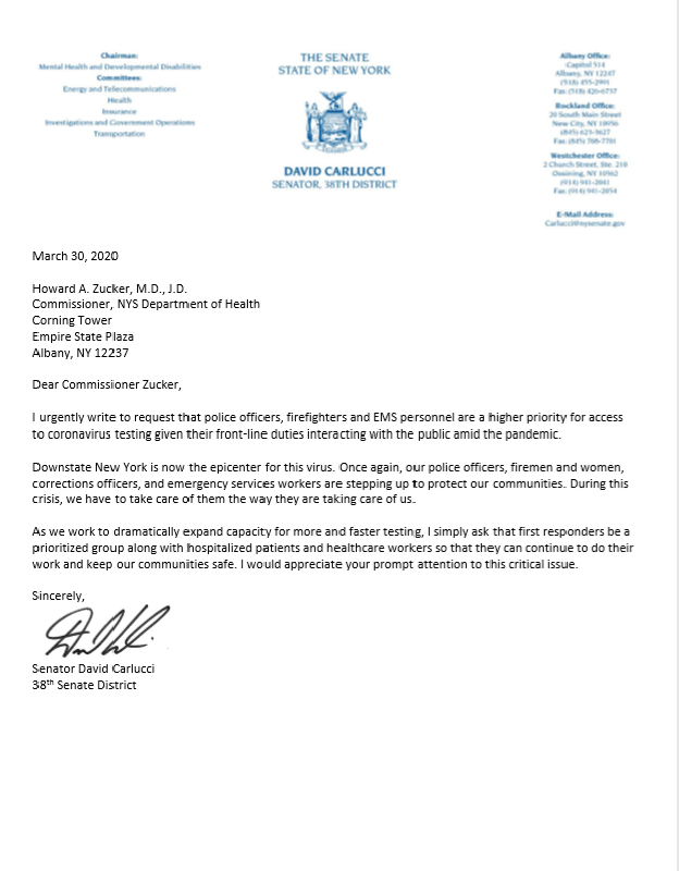 Sen. Carlucci Issues Letter to NYSDOH For COVID-19 Testing | New City ...