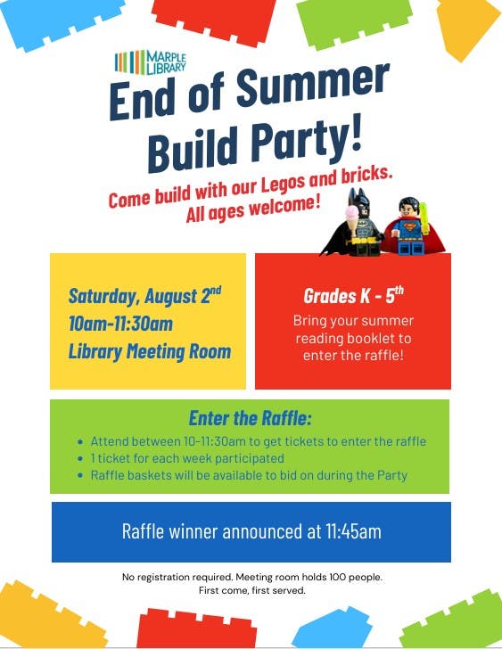 Aug 2 | Marple Library's End of Summer Build Party | Marple Newtown, PA ...