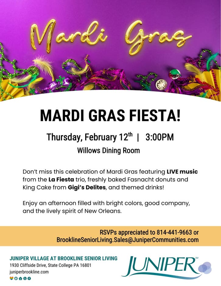 Feb 12 | Mardi Gras Fiesta at Juniper Village at Brookline! | State ...