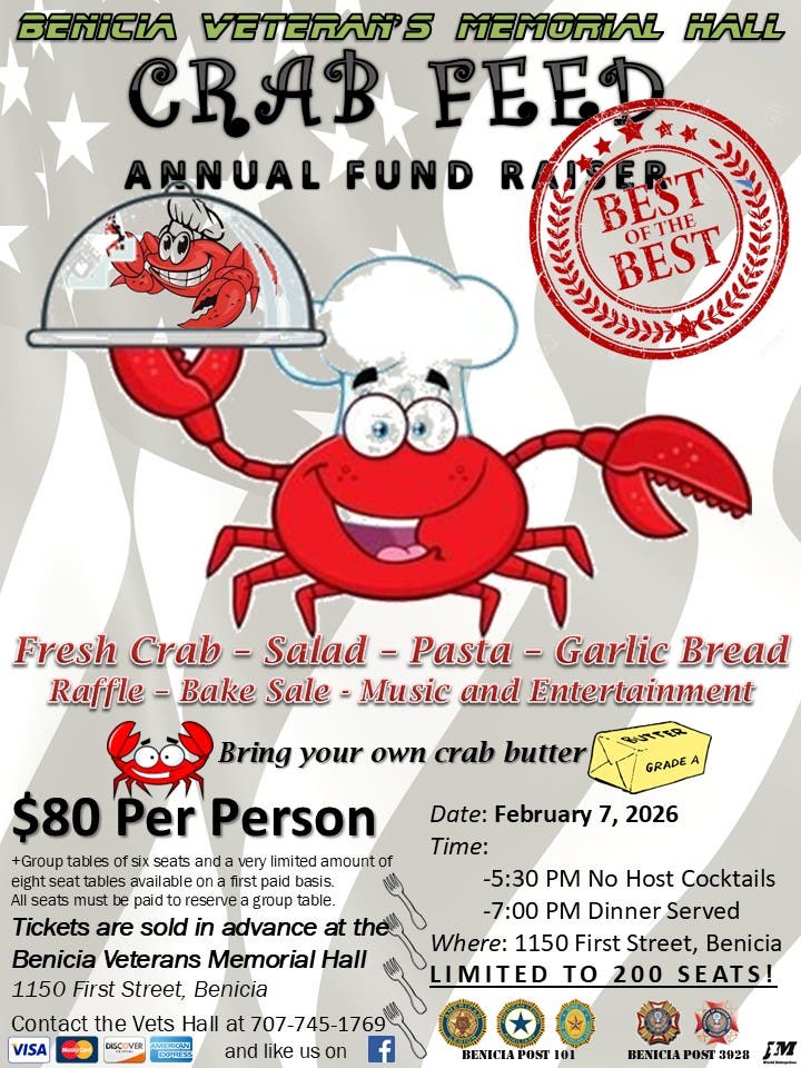 Feb 7 | Benicia Veterans Memorial Hall Crab Feed | Pinole, CA Patch