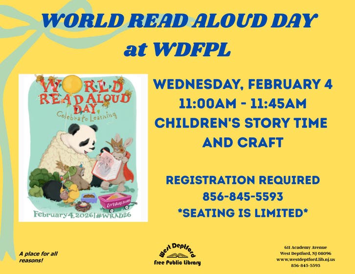 Feb 4 | World Read Aloud Day at WDFPL | West Deptford, NJ Patch