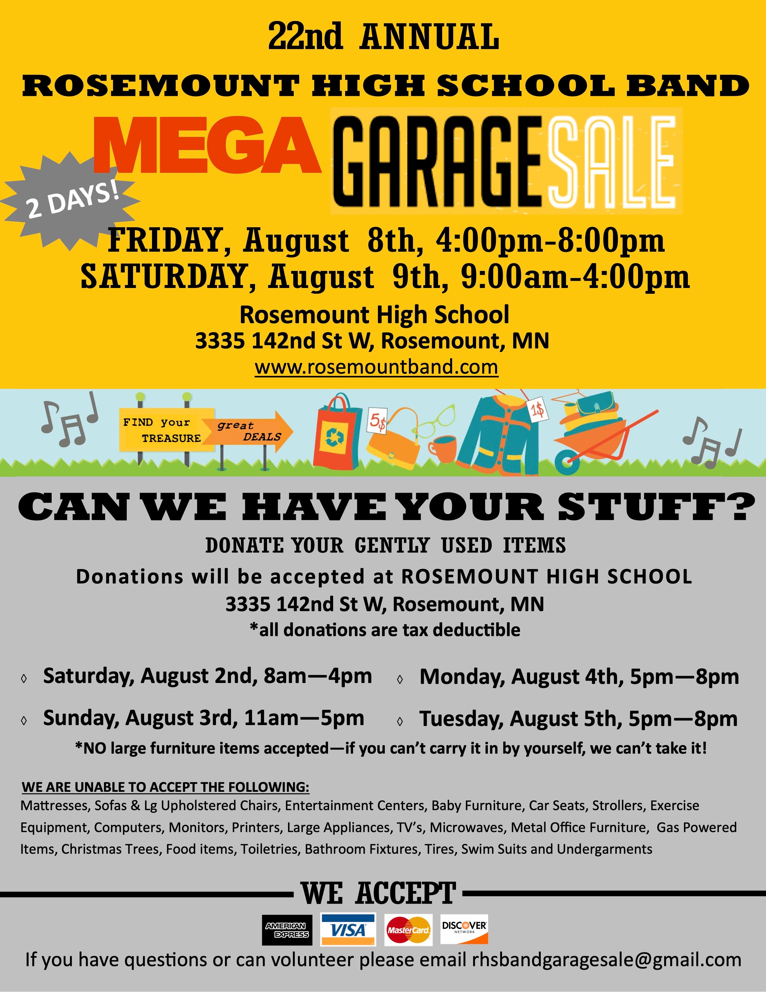 Aug 9 | 22nd Annual Rosemount High School Band MEGA Garage Sale | Apple ...
