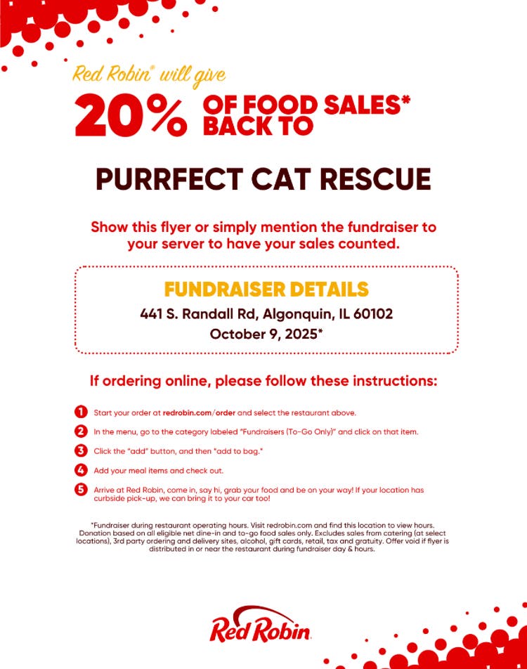 Oct 9 | Purrfect Cat Rescue Fundraiser at Red Robin | Crystal Lake, IL ...