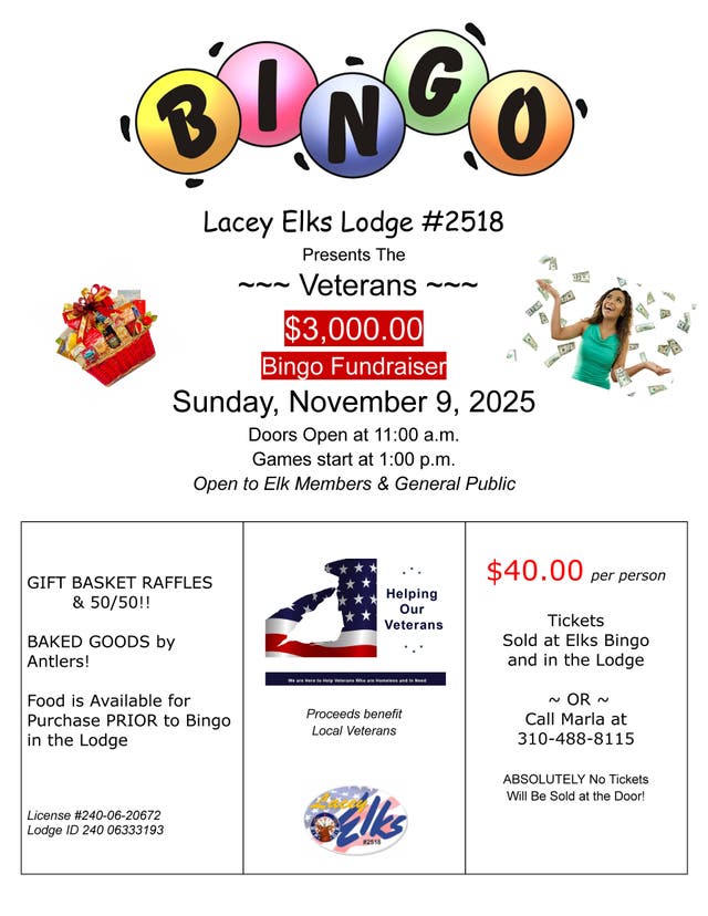 Nov 9 | Lacey Elks Lodge 2518 $3,000 Bingo that benefits local veterans ...