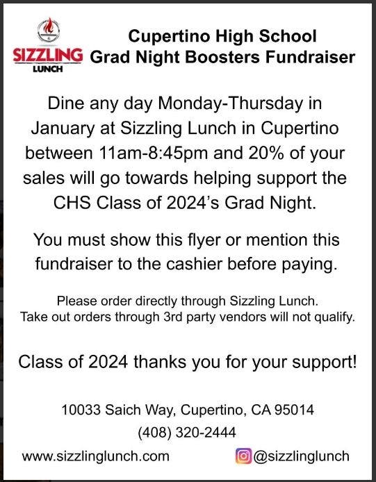 Jan 15 | Sizzling Lunch Fundraiser / CHS Grad Night - M-Th 11am-845p ...