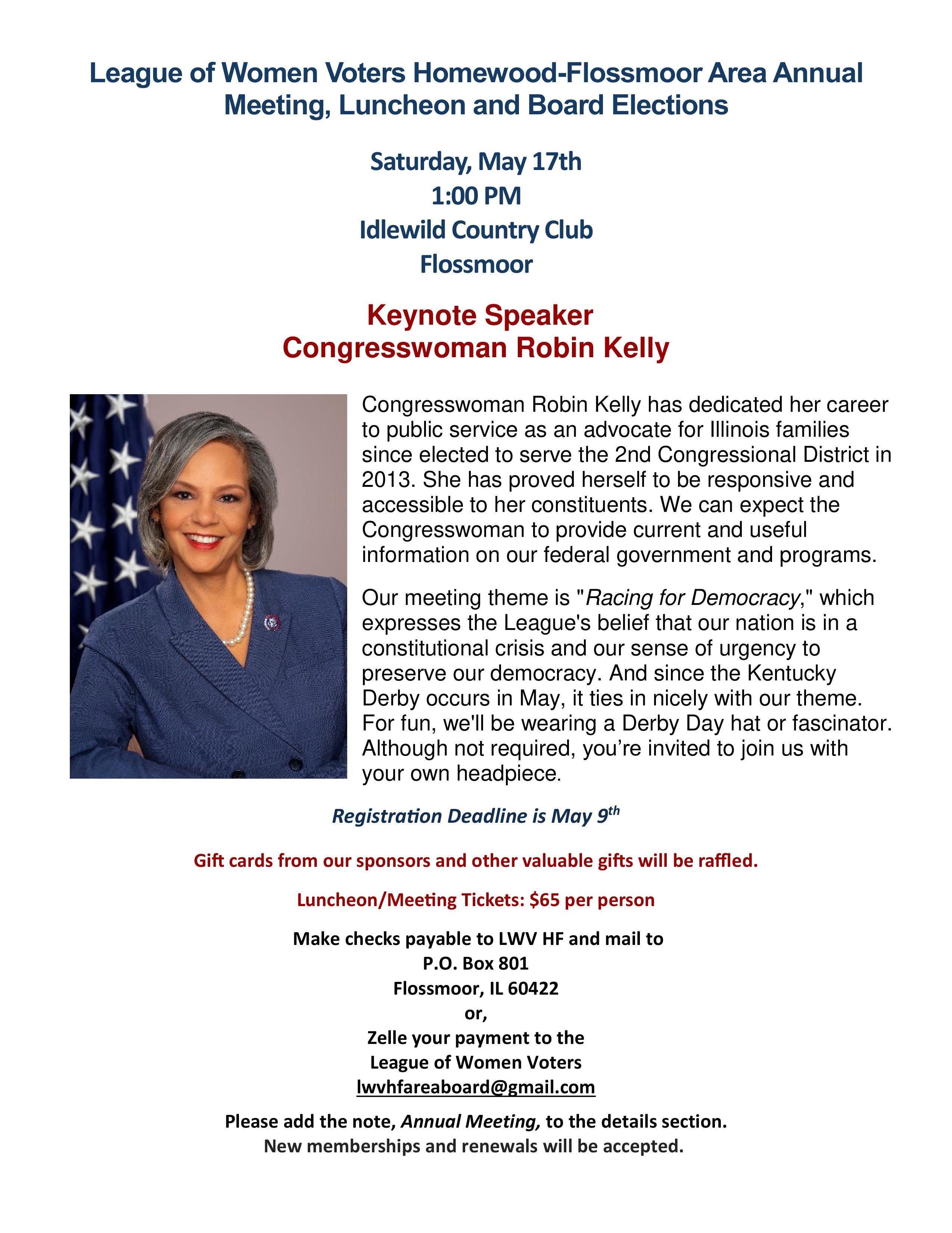 May 17 | Congresswoman, Robin Kelly, Speaks at HF Area League of Women ...