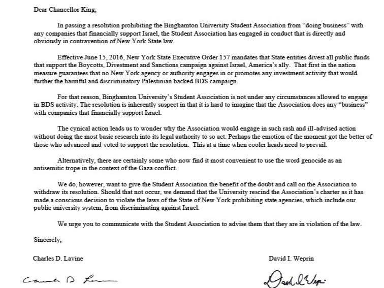 Lavine & Weprin Reprimand Binghamton University Student Association ...