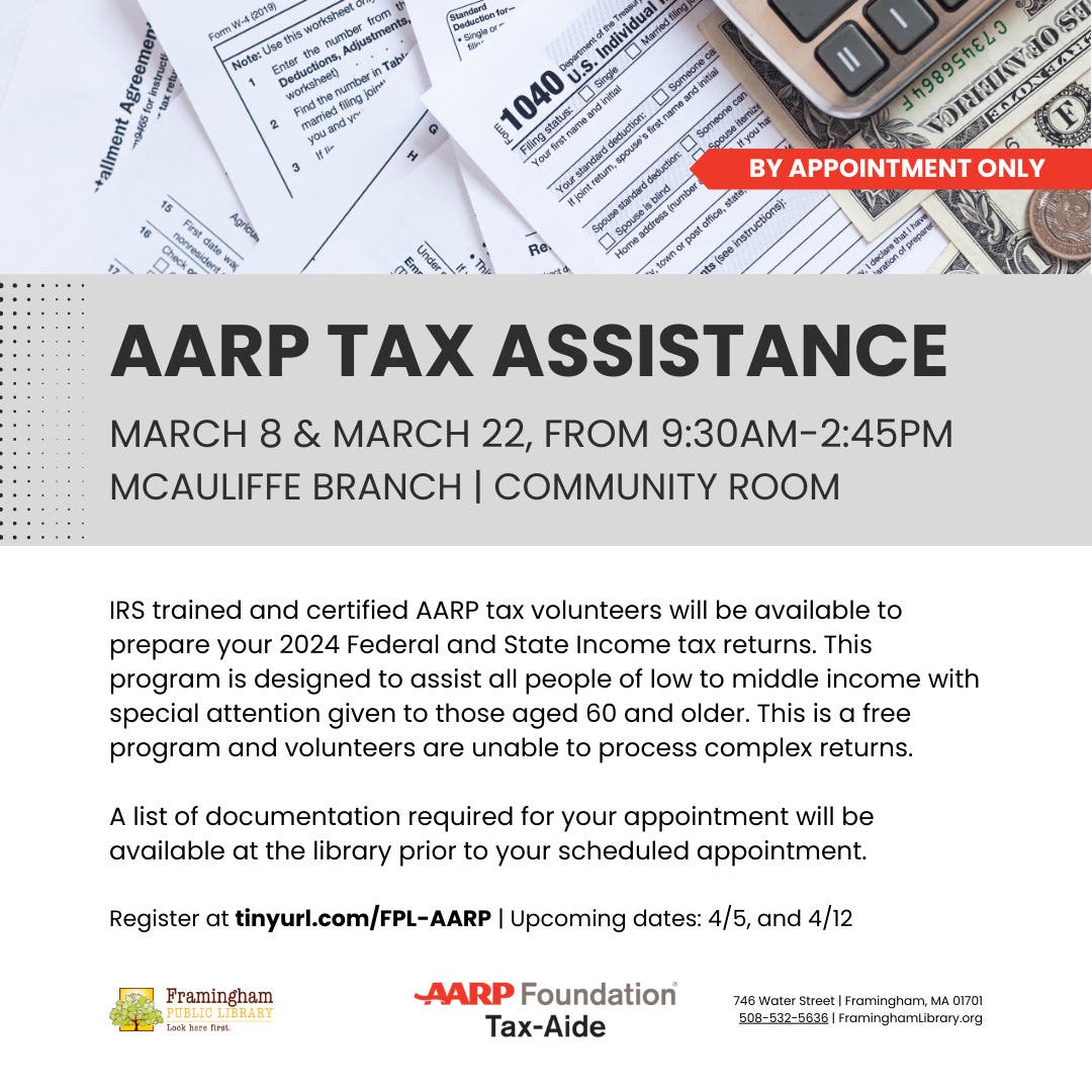 Mar 22 | AARP Tax Assistance (BY APPOINTMENT) | FPL McAuliffe ...