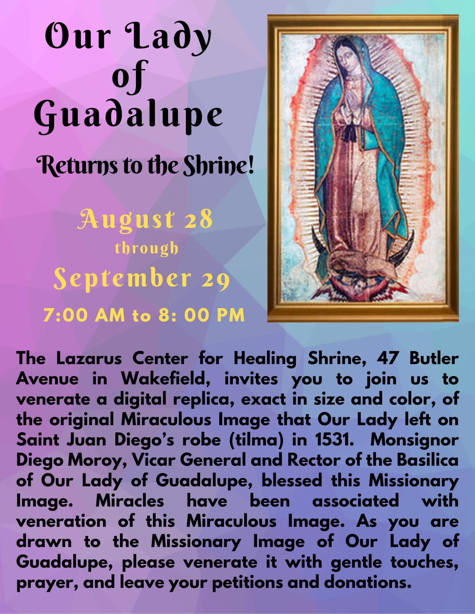 Aug 29 | Our Lady of Guadalupe **ADDITIONAL DATES** | Wakefield, MA Patch