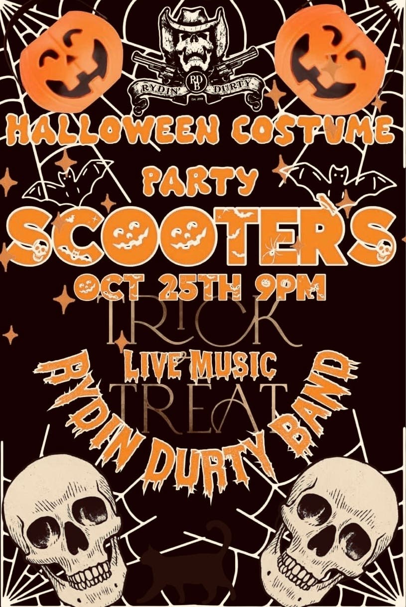 Oct 25 | Live Music w/Rydin’ Durty Band @ Scooters, Halloween Costume ...