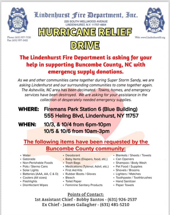Lindenhurst Fire Department Hosts Hurricane Helene Relief Drive ...