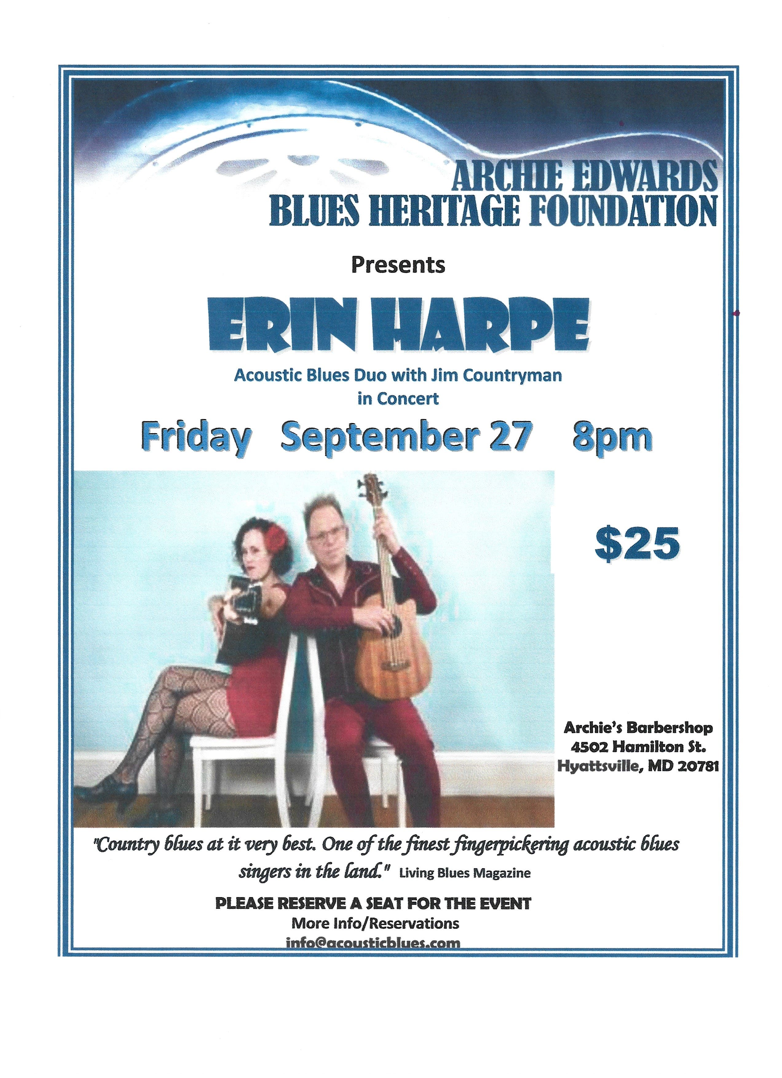 Sep 27 | Erin Harpe Acoustic Blues Duo in concert at Archie's ...