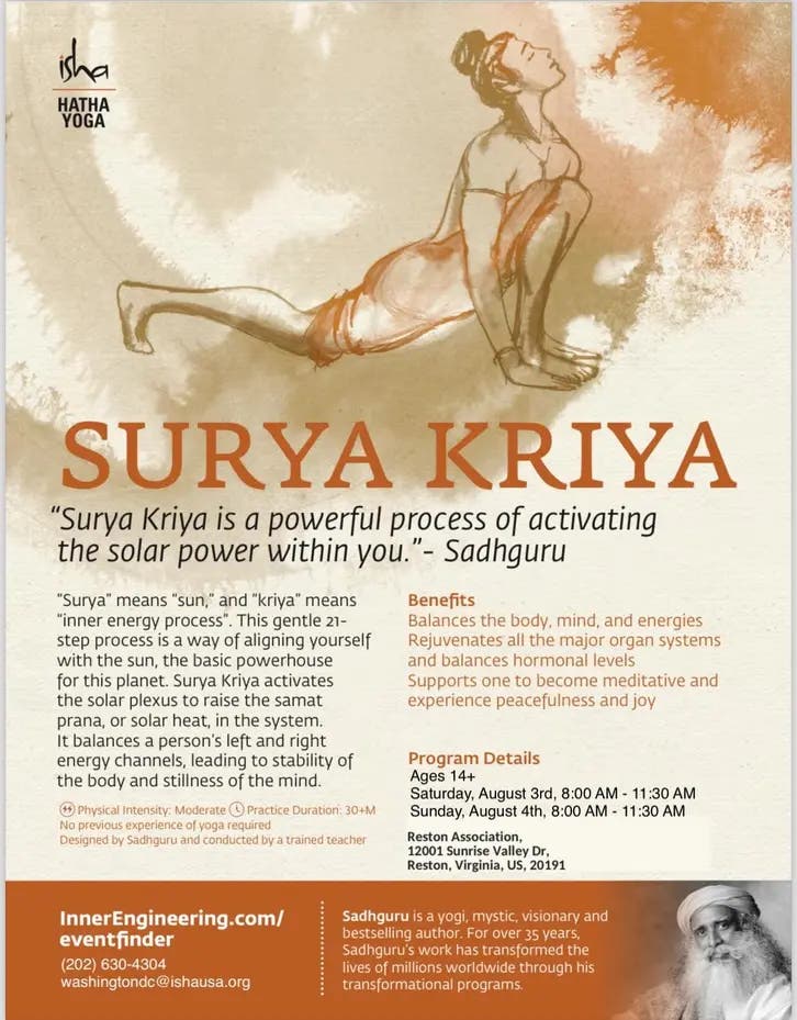 Aug 3 | Surya Kriya by Isha Foundation | Fairfax Station, VA Patch