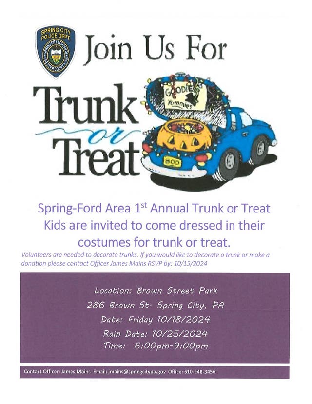 Oct 18 | Spring City Police Department Trunk or Treat | Limerick, PA Patch