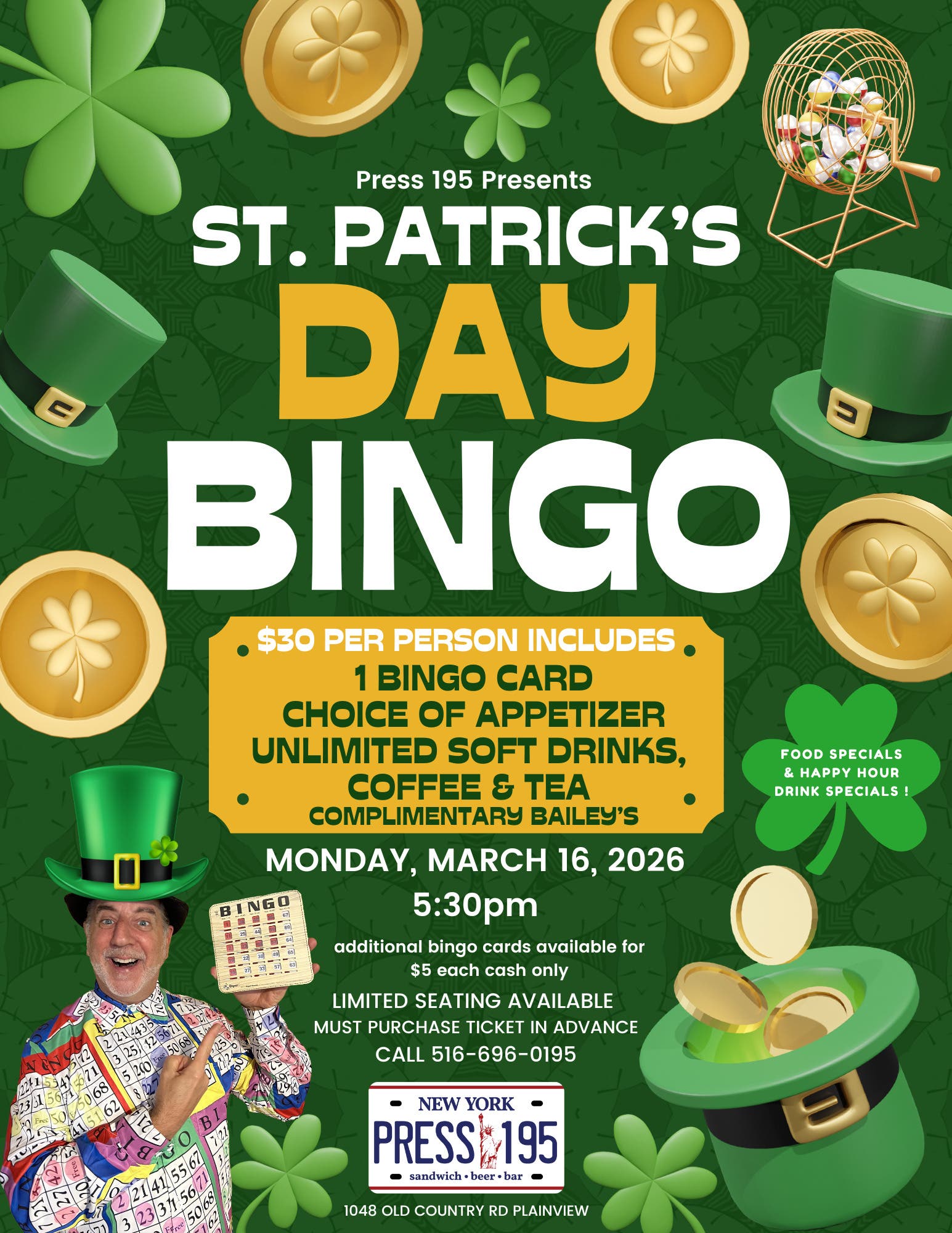 Mar 16 | 🍀🎉 ST. PATRICK’S DAY BINGO with BOB at Press 195 Plainview! 🎉🍀 ...