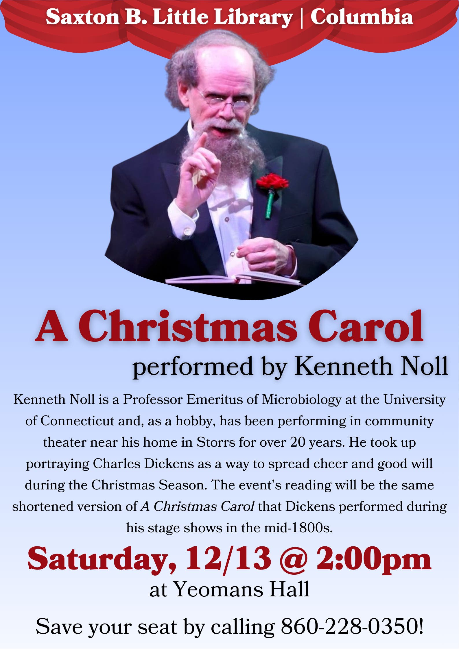 Dec 13 | A Christmas Carol, performed by Kenneth Noll | Columbia, CT Patch