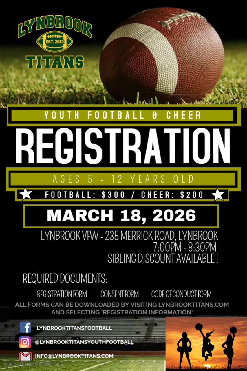 Mar 18 | 2026 Lynbrook Titans Football & Cheer In-Person Registration ...