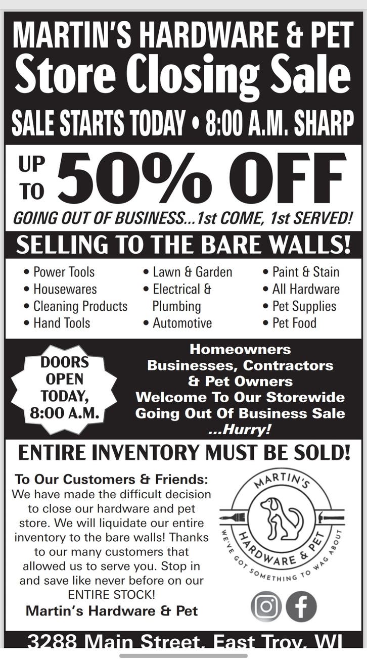 Jun 17 | Martin's Hardware & Pet Store Closing Sale | Muskego, WI Patch