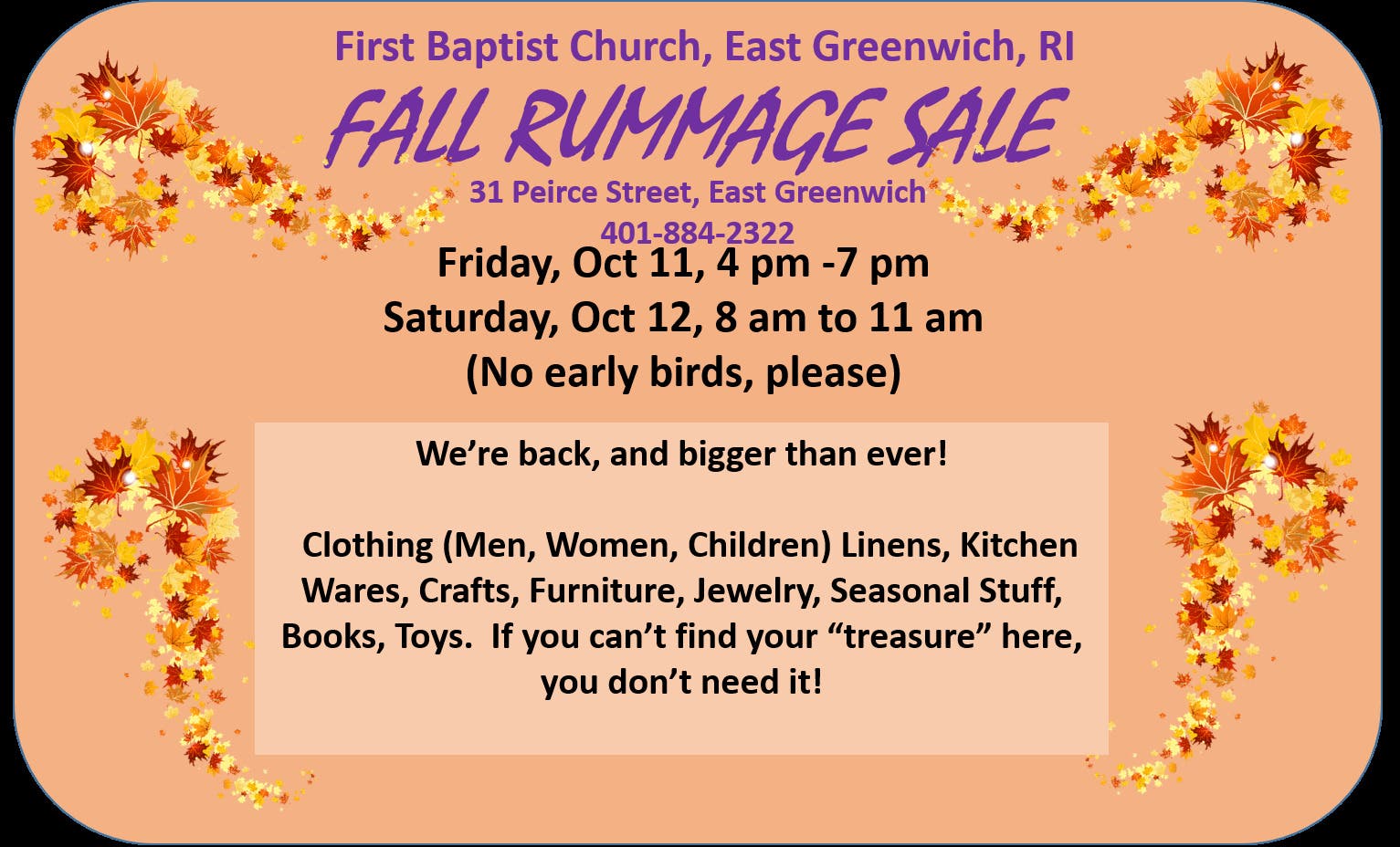 Oct 12 | Fall Rummage Sale - First Baptist Church, East Greenwich ...