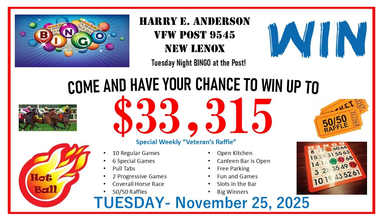 Nov 25 | NL VFW Tue Bingo Up to $33,315 in Prizes -Vets Raffle-$100 ...