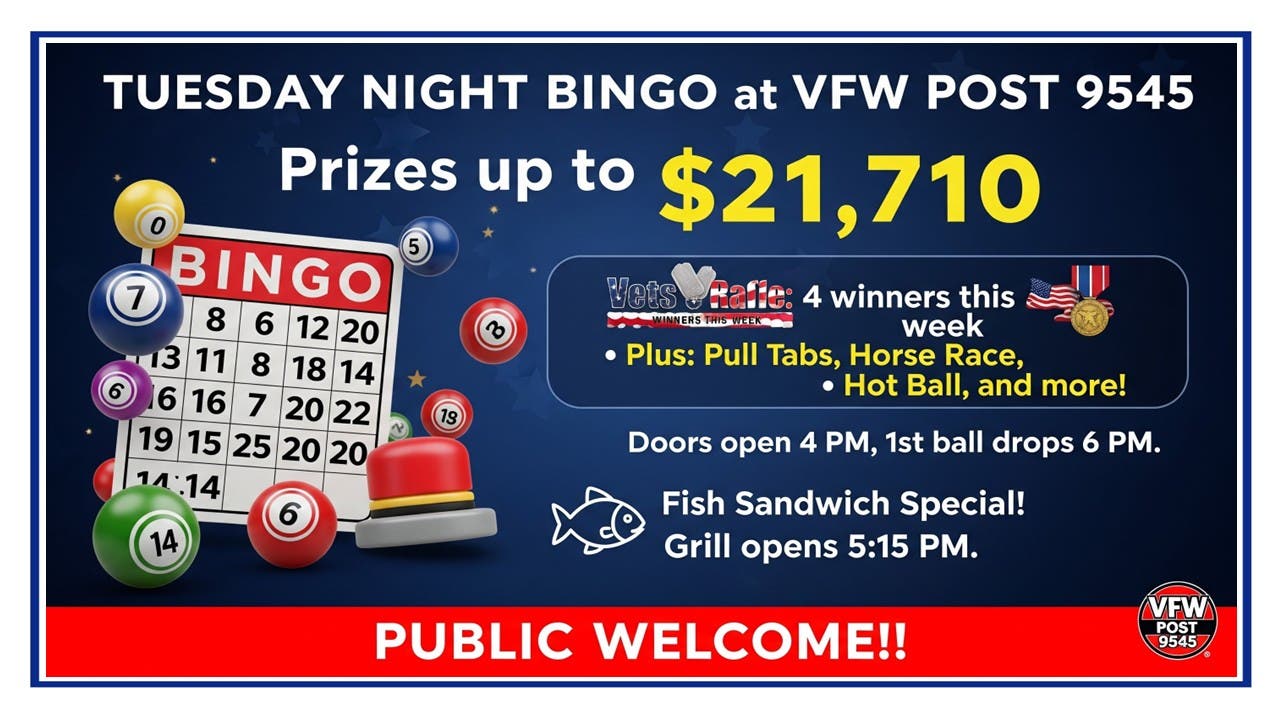 Mar 24 | NL VFW Tue Bingo Up to $21,710 in Prizes -Vets Raffle-4 ...