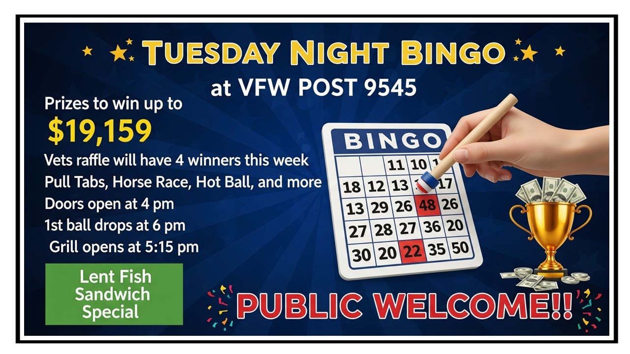 Mar 31 | NL VFW Tue Bingo Up to $19,159 in Prizes -Vets Raffle-4 ...
