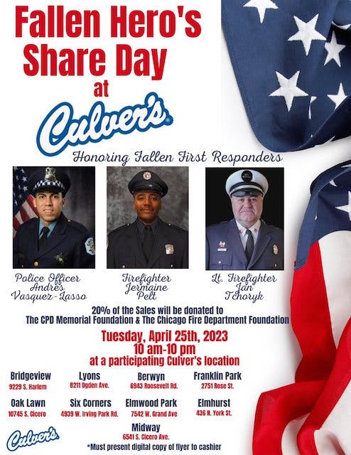 Culver's To Support Fallen Chicago First Responders Families Tuesday ...