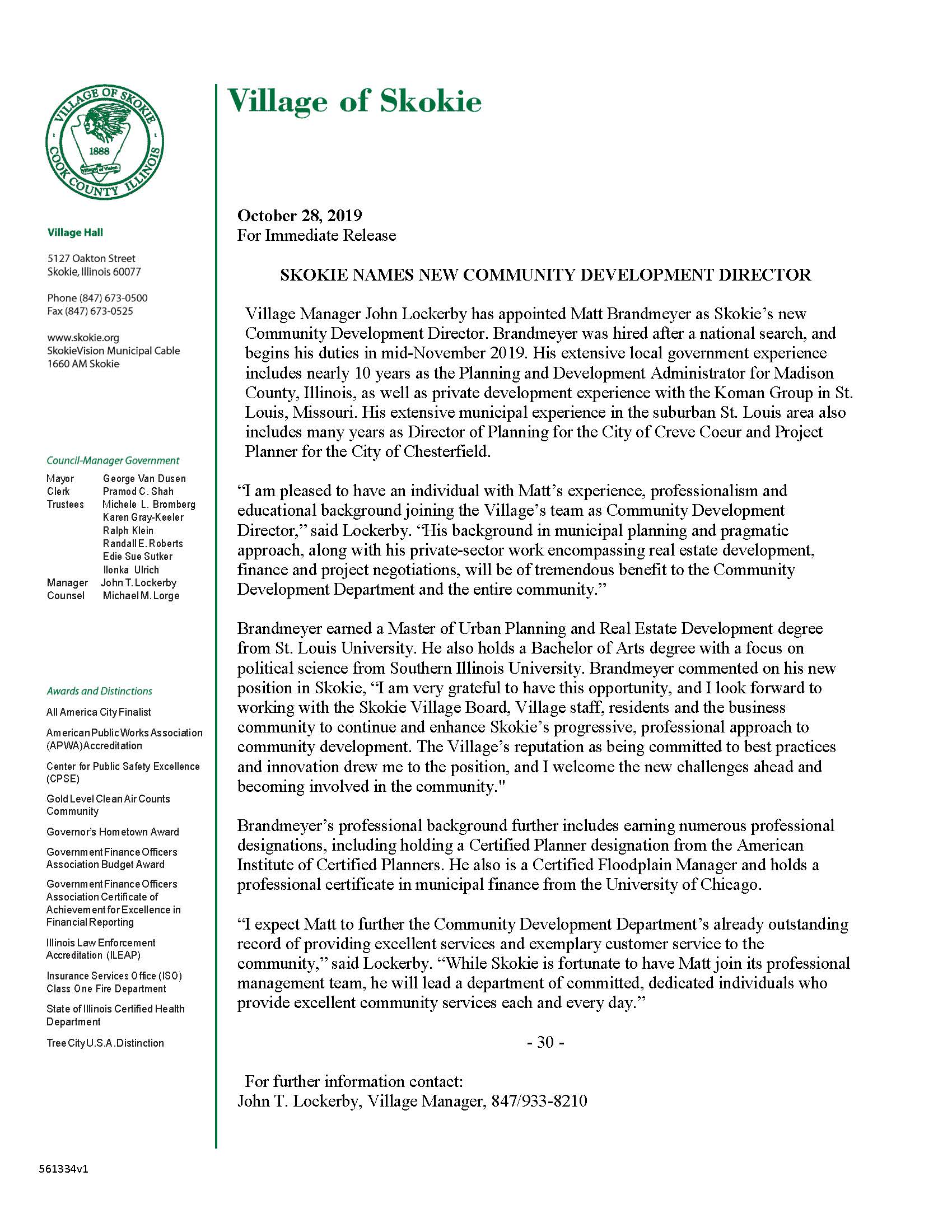 Matthew Brandmeyer New Skokie Community Development Director | Skokie ...