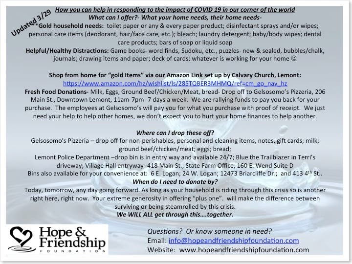 Hope and Friendship COVID 19 Relief Outreach Updated | Lemont, IL Patch