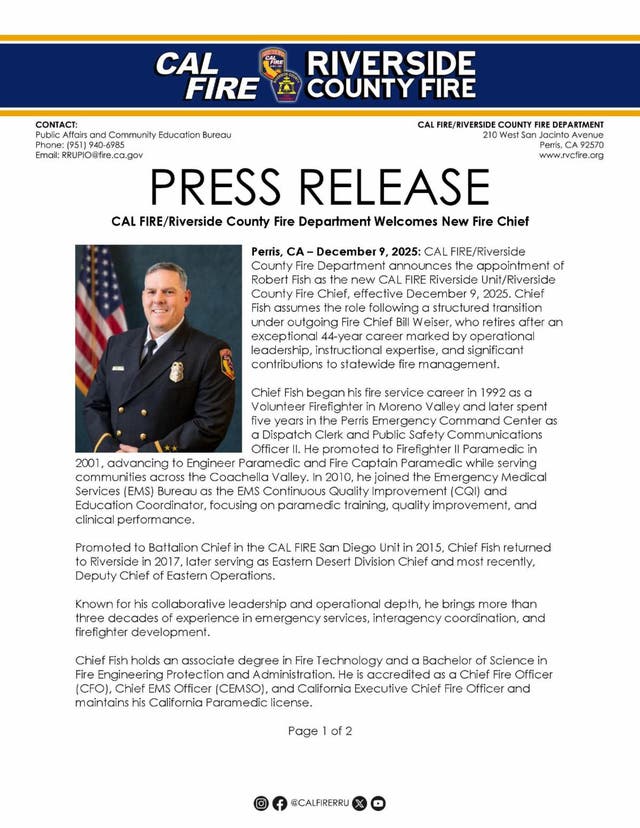 Cal Fire/Riverside County Fire Department Gets New Chief | Lake ...